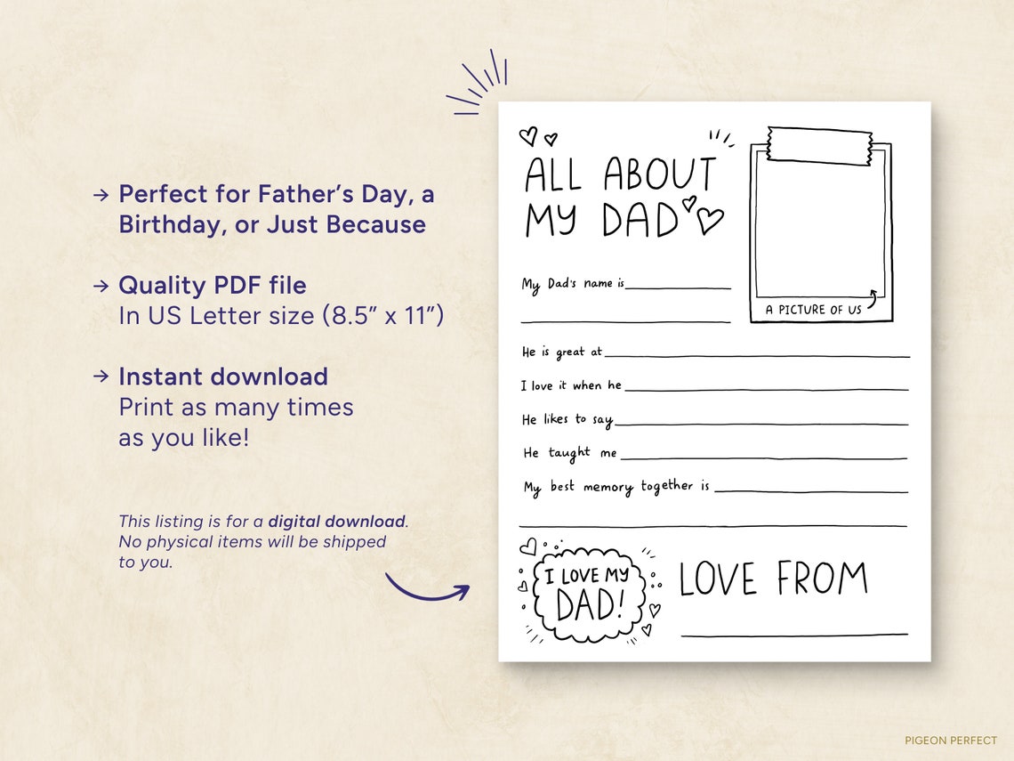 All About My Dad Printable, DIY Fathers Day Gift From Kids, Instant ...
