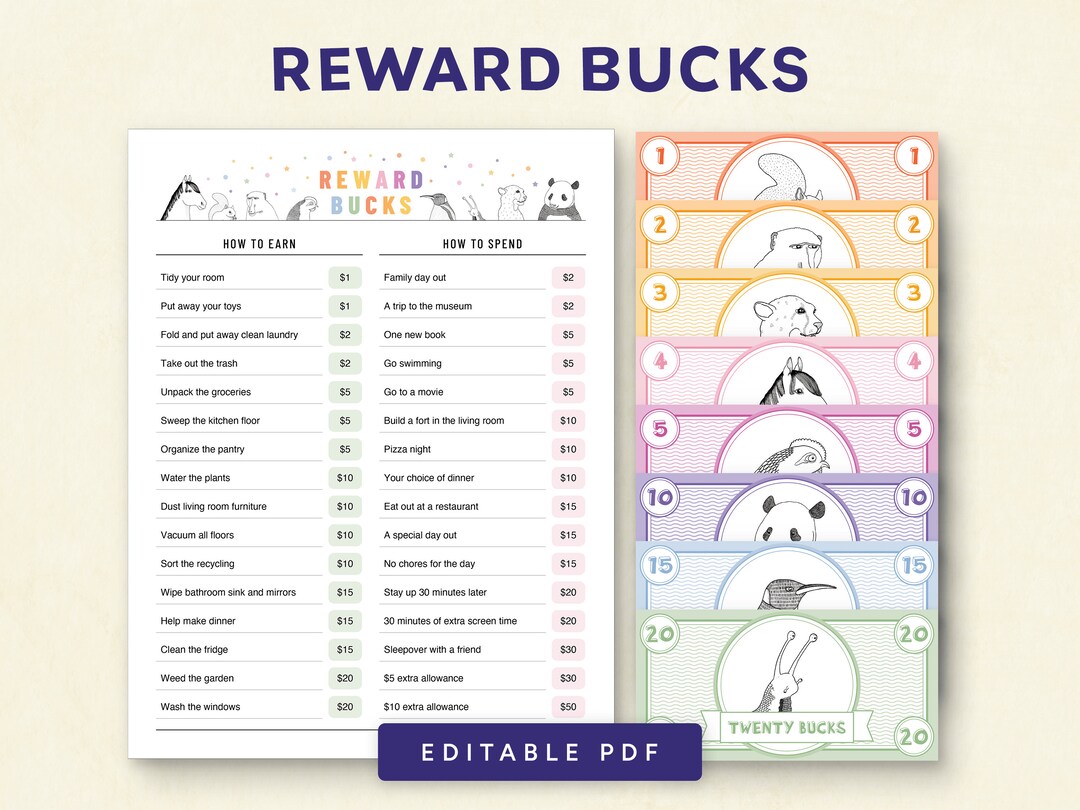 Editable Kids Reward Bucks, Printable Play Money, Mom Bucks, Reward ...