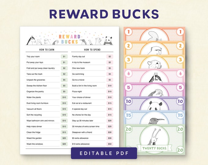 Editable Kids Reward Bucks, Printable Play Money, Mom Bucks, Reward ...