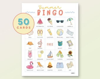 50 Summer Bingo Cards Classroom Game, Bingo Game, Summer Party Game ...