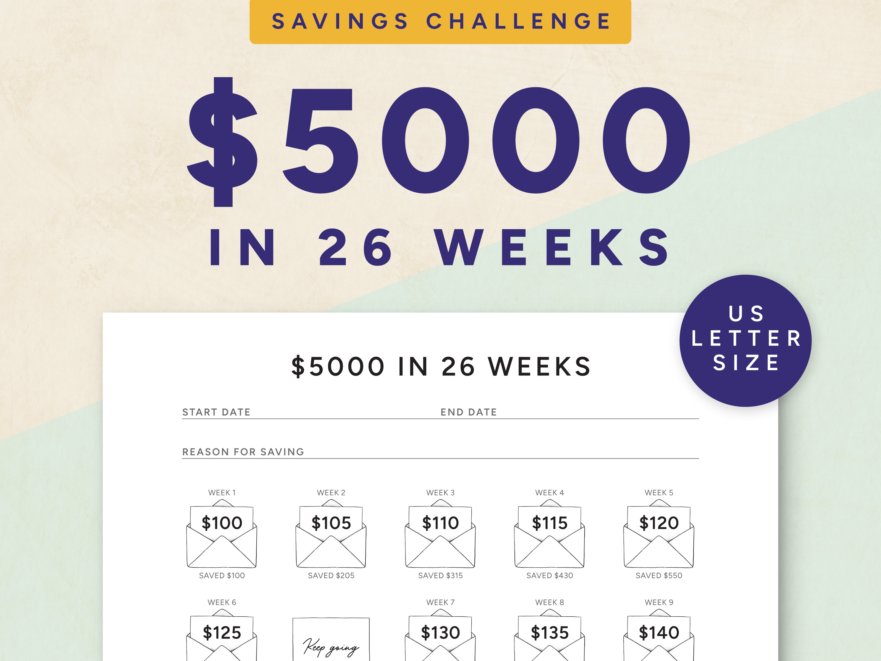 5k Savings Challenge Printable, Save 5000 in 26 Weeks, Bi-weekly ...