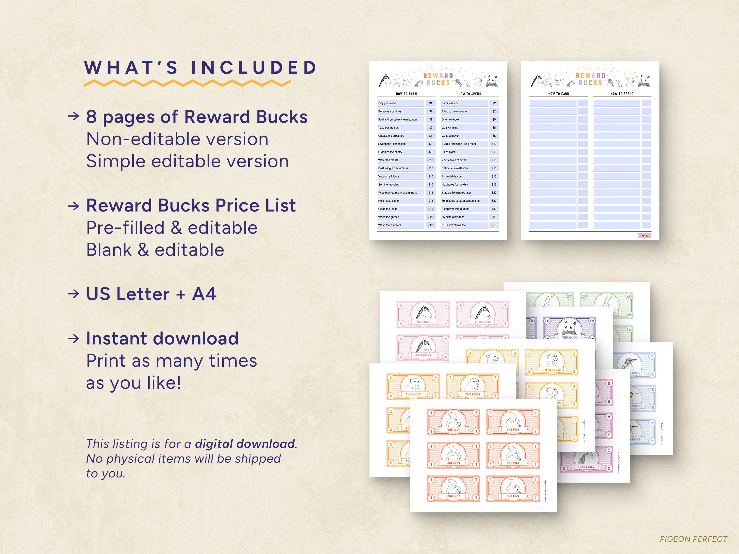 Editable Kids Reward Bucks, Printable Play Money, Mom Bucks, Reward ...