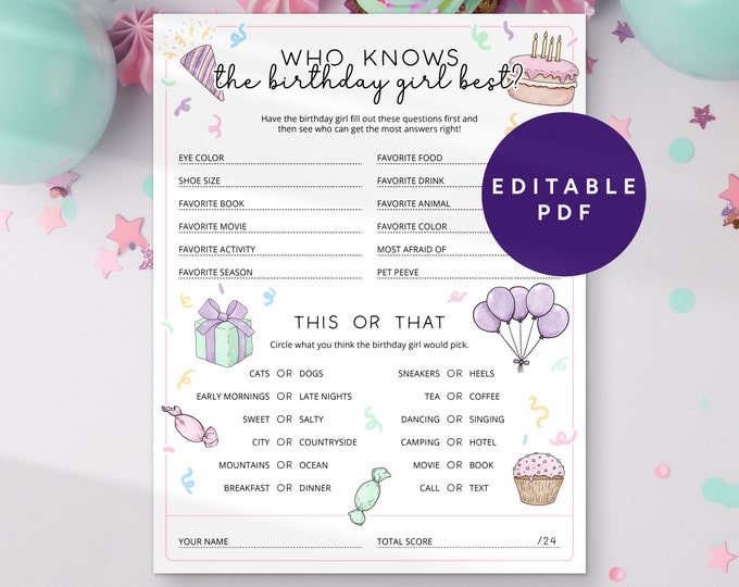 Who Knows the Birthday Girl Best, Printable Birthday Games, How Well Do ...