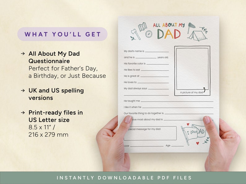 All About My Dad Printable Diy Fathers Day Questionnaire Instant