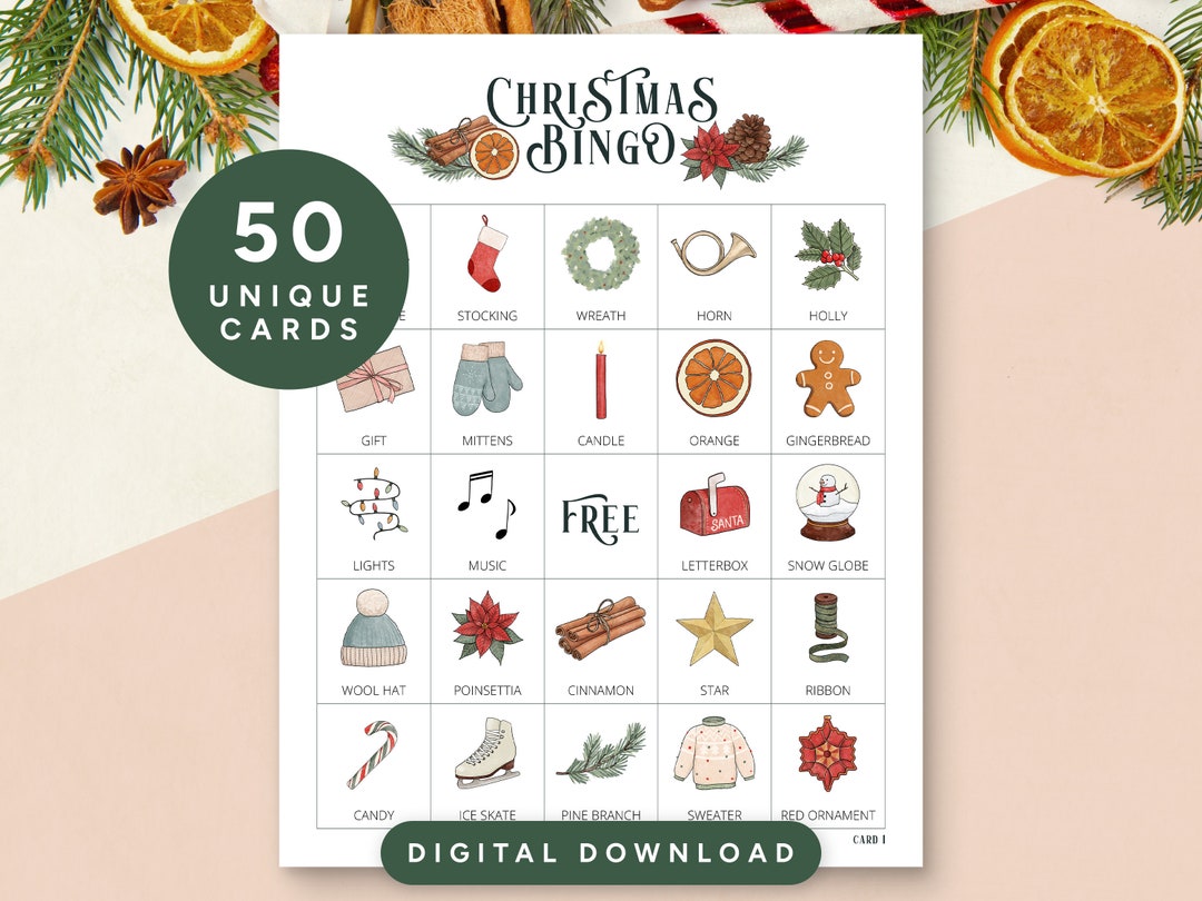 Printable Christmas Bingo for 50, Holiday Bingo, Christmas Party Game ...