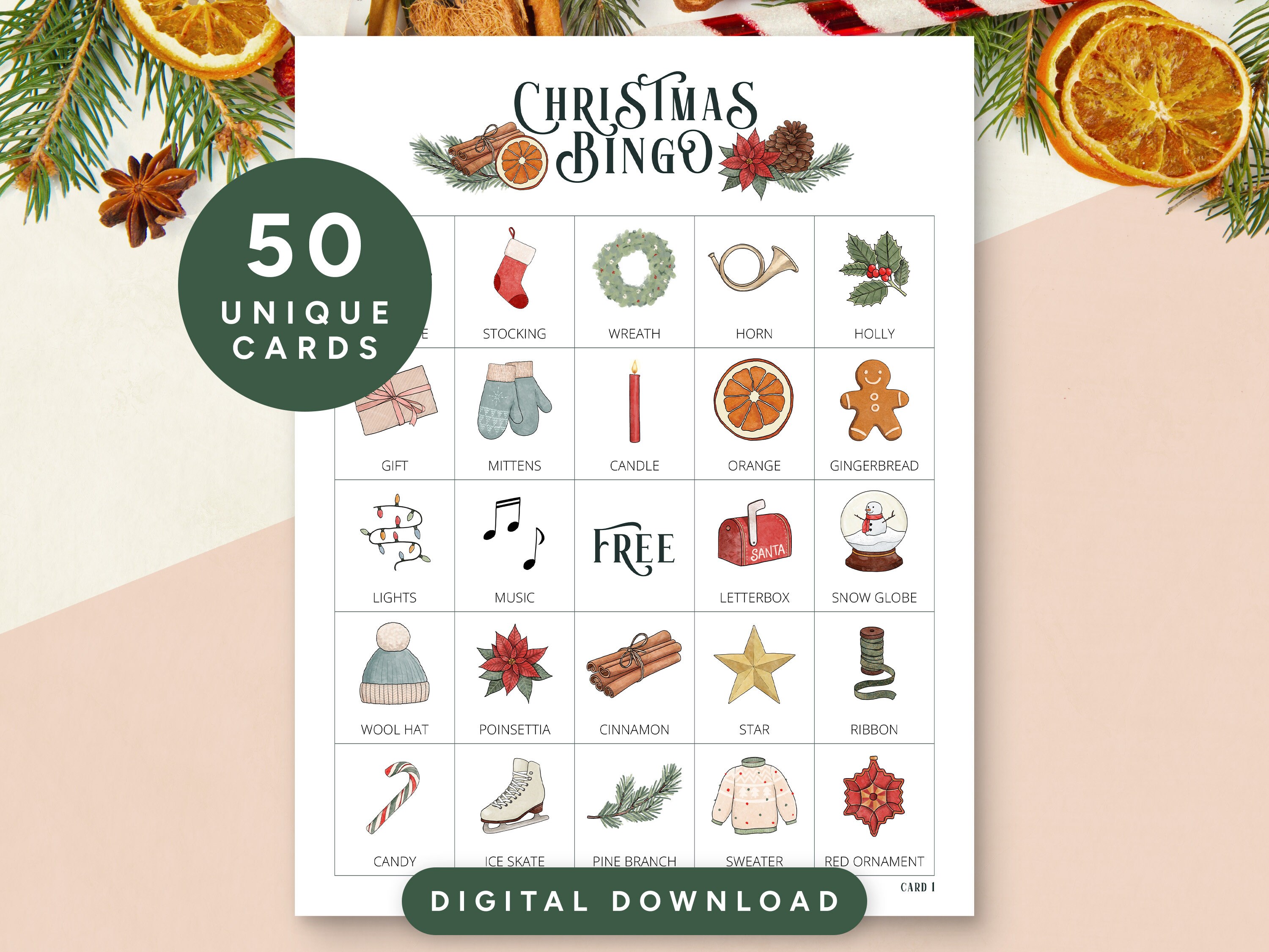 Printable Christmas Bingo for 50, Holiday Bingo, Christmas Party Game ...