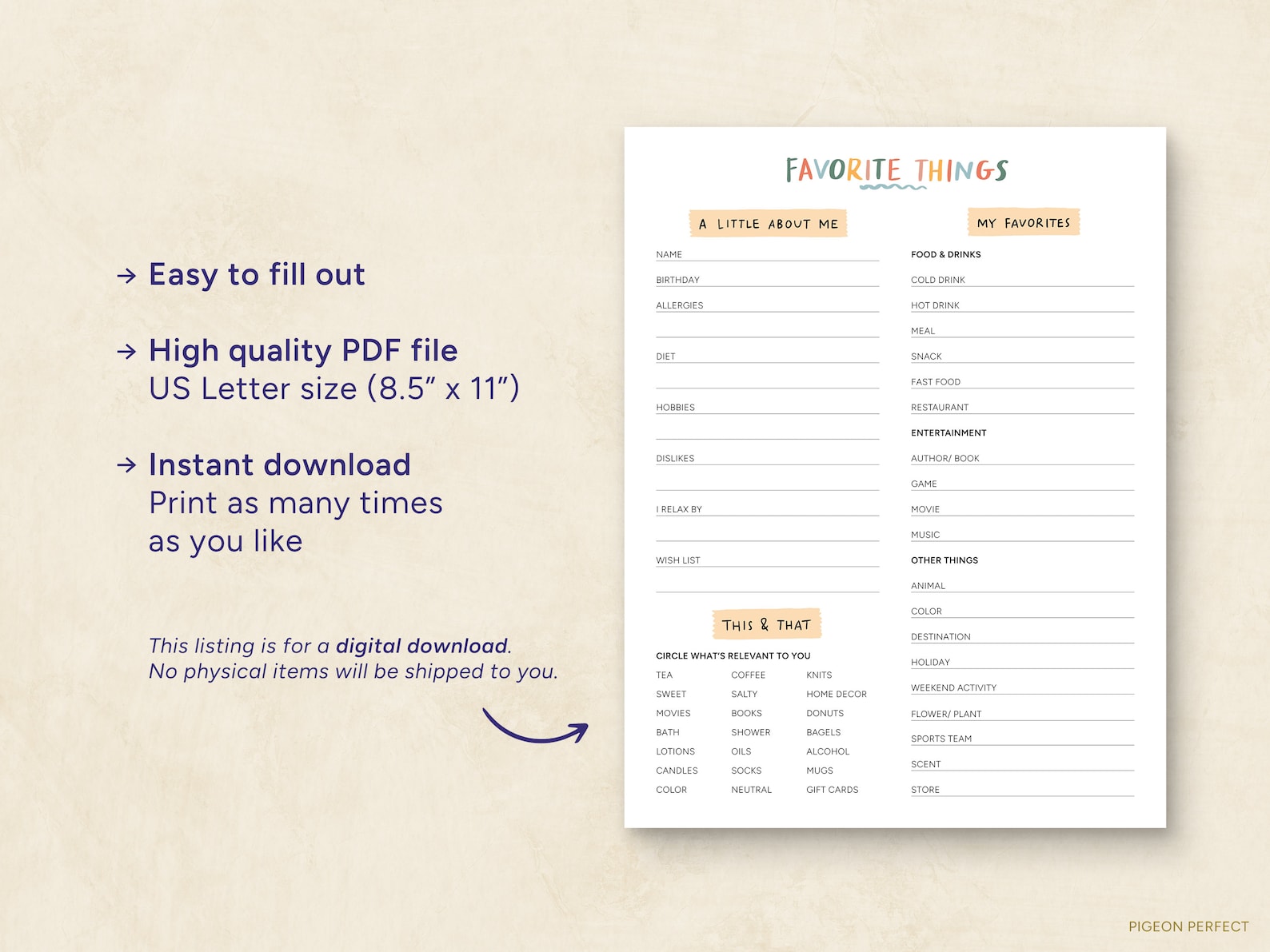 Favorite Things Questionnaire Printable, Get to Know You, Teacher ...