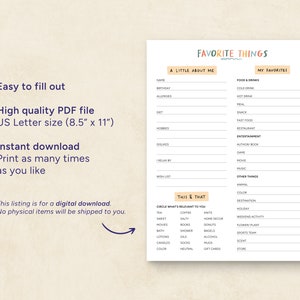 Favorite Things Questionnaire Printable, Get to Know You, Teacher ...