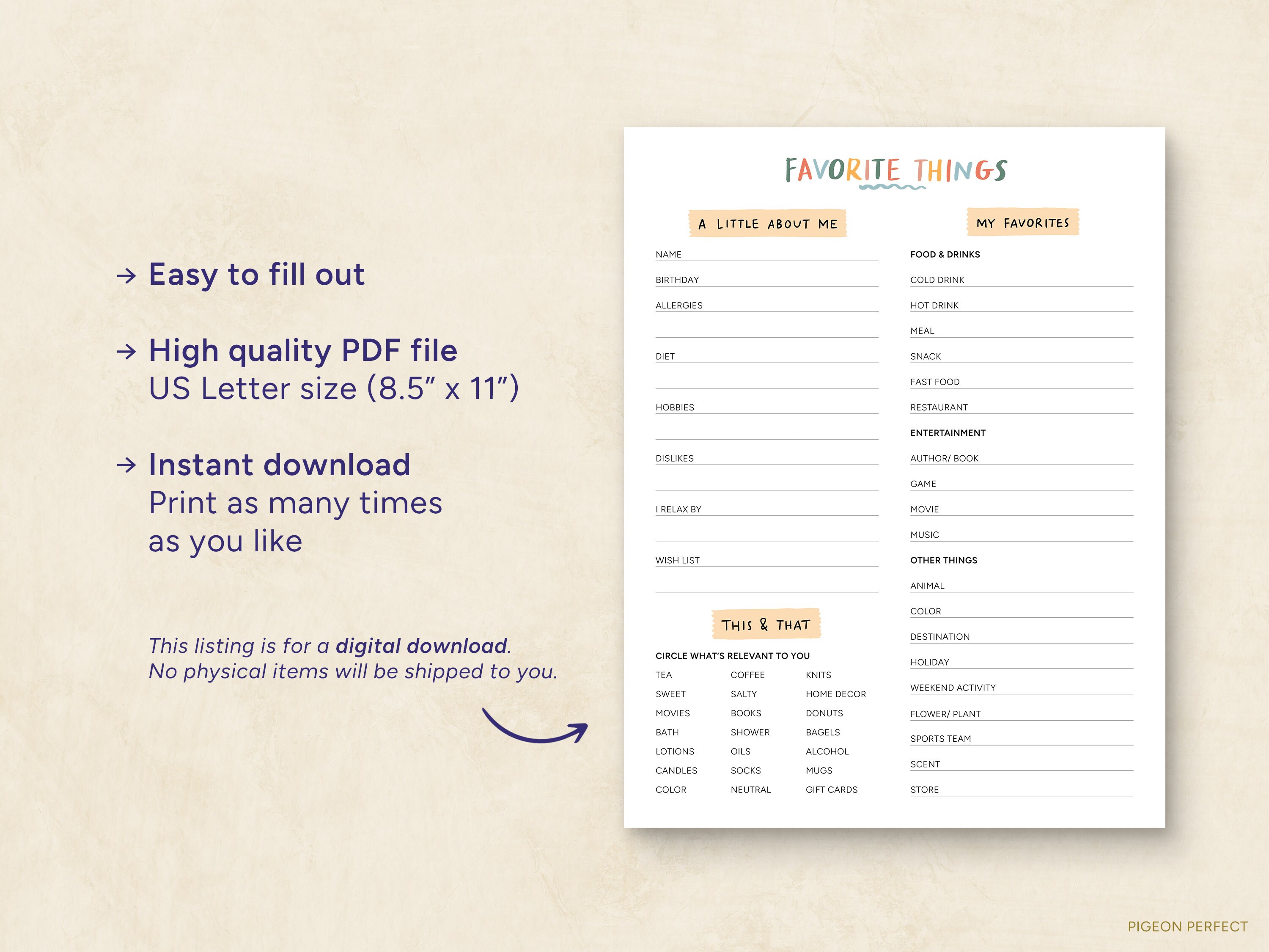 Favorite Things Questionnaire Printable, Get to Know You, Teacher ...