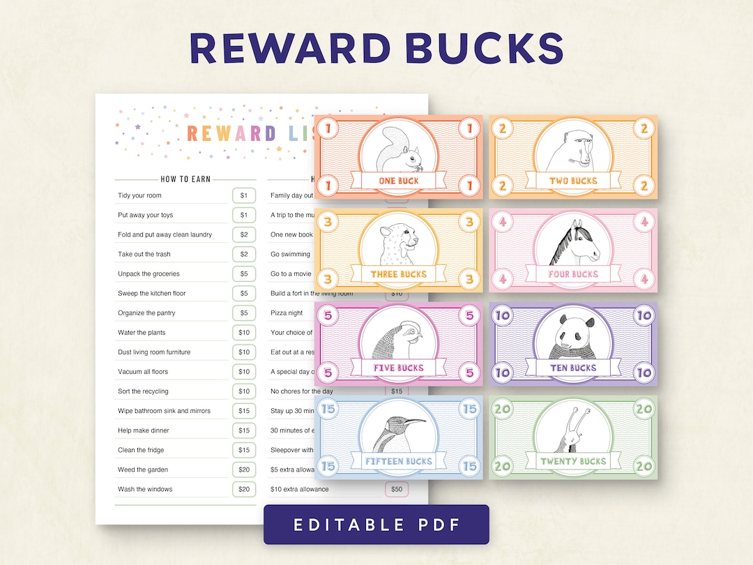 Editable Kids Reward Bucks, Printable Play Money, Reward System for ...