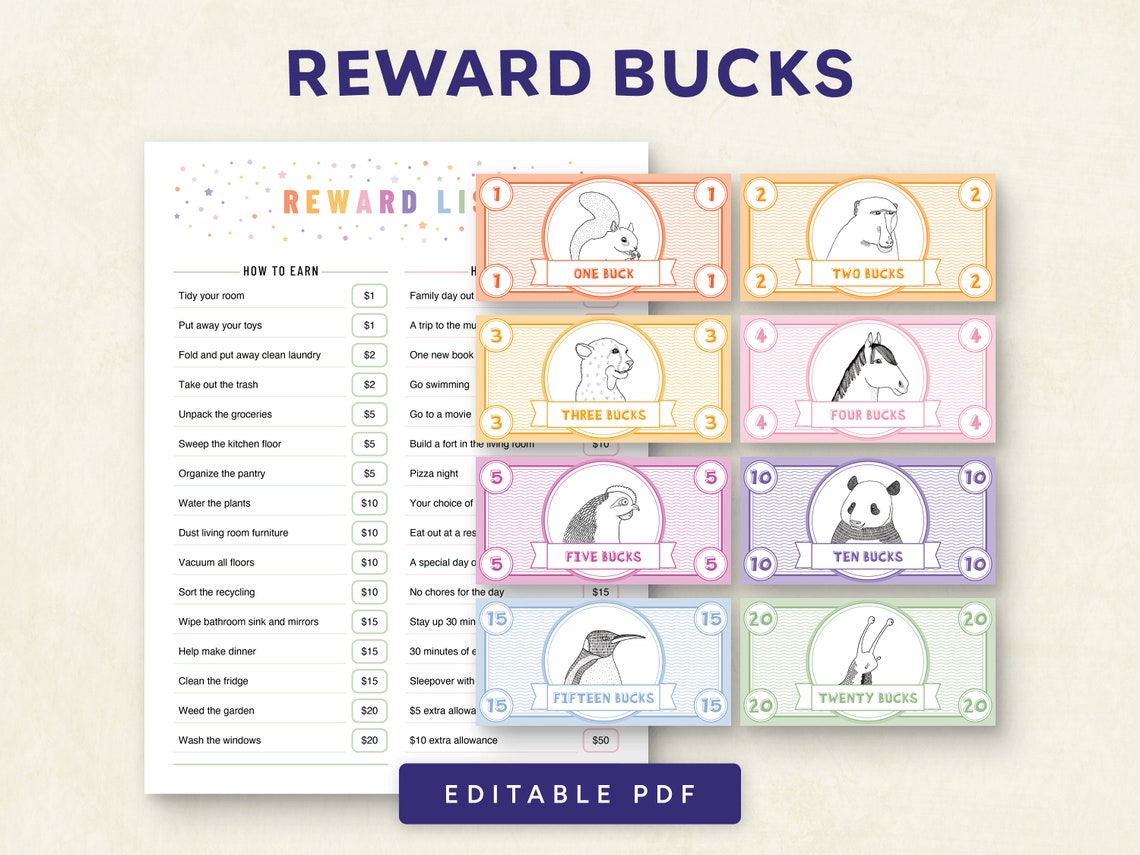 Editable Kids Reward Bucks, Printable Play Money, Reward System for ...