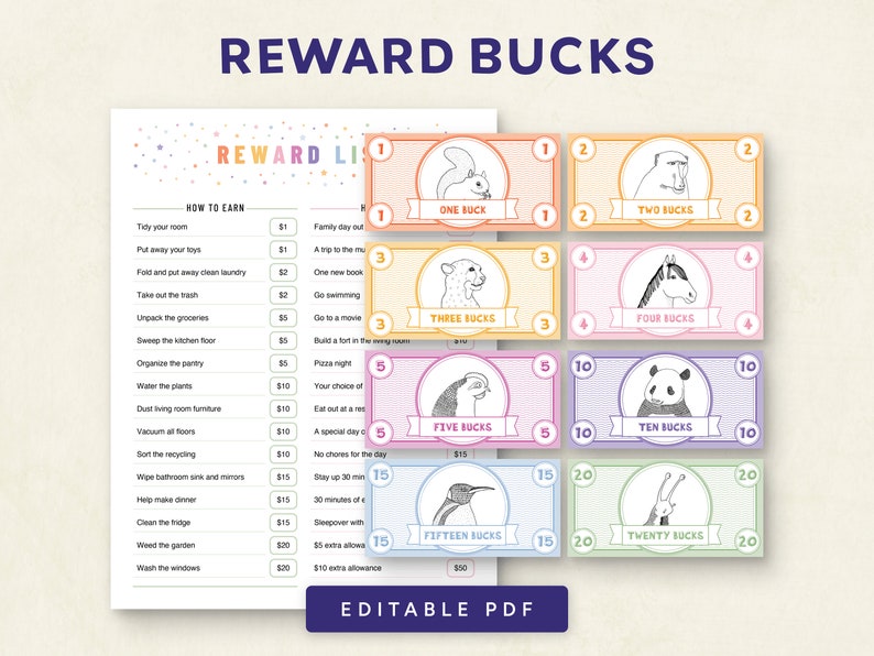 Editable Kids Reward Bucks, Printable Play Money, Reward System for ...