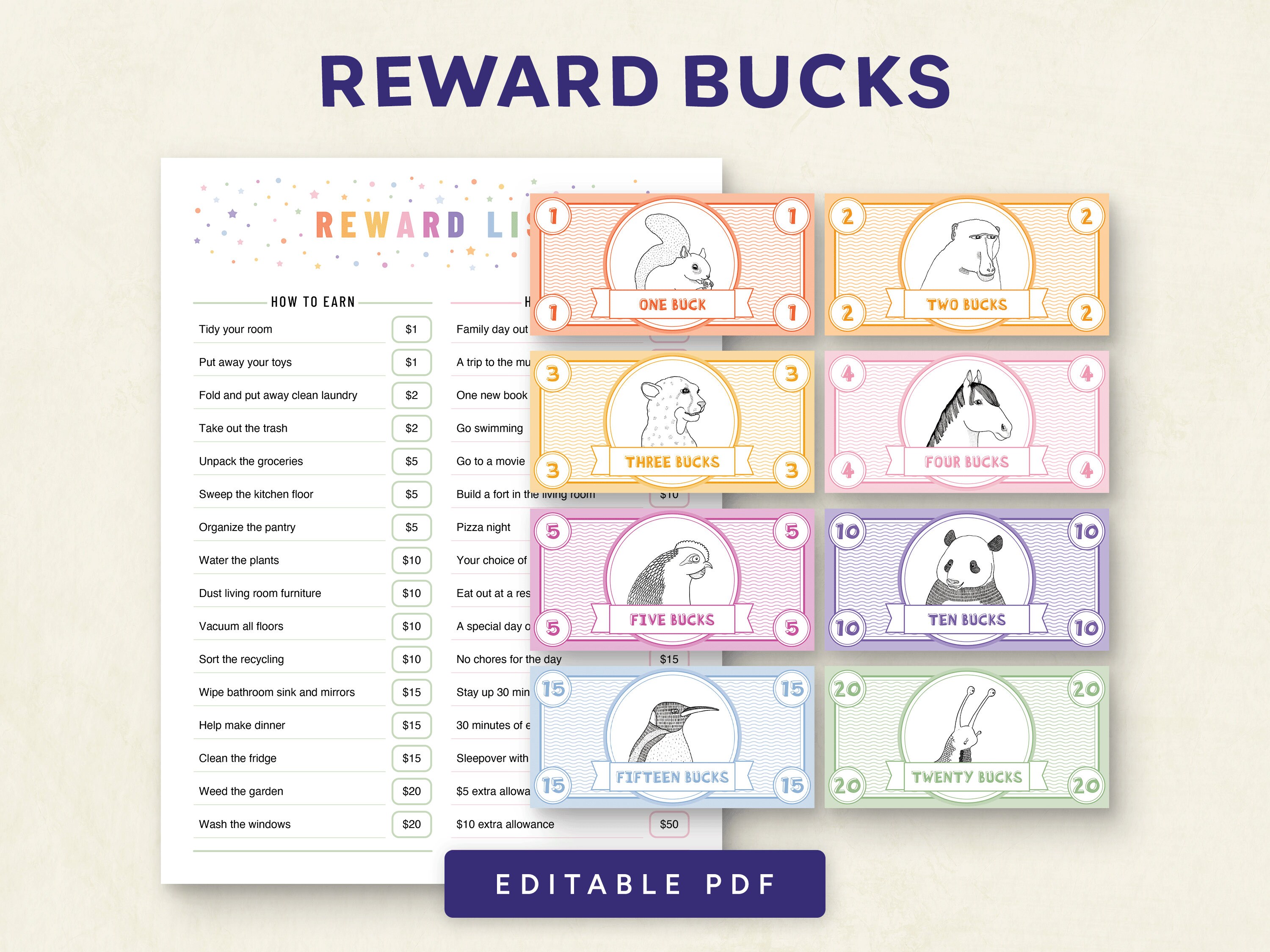 Editable Kids Reward Bucks, Printable Play Money, Reward System for ...