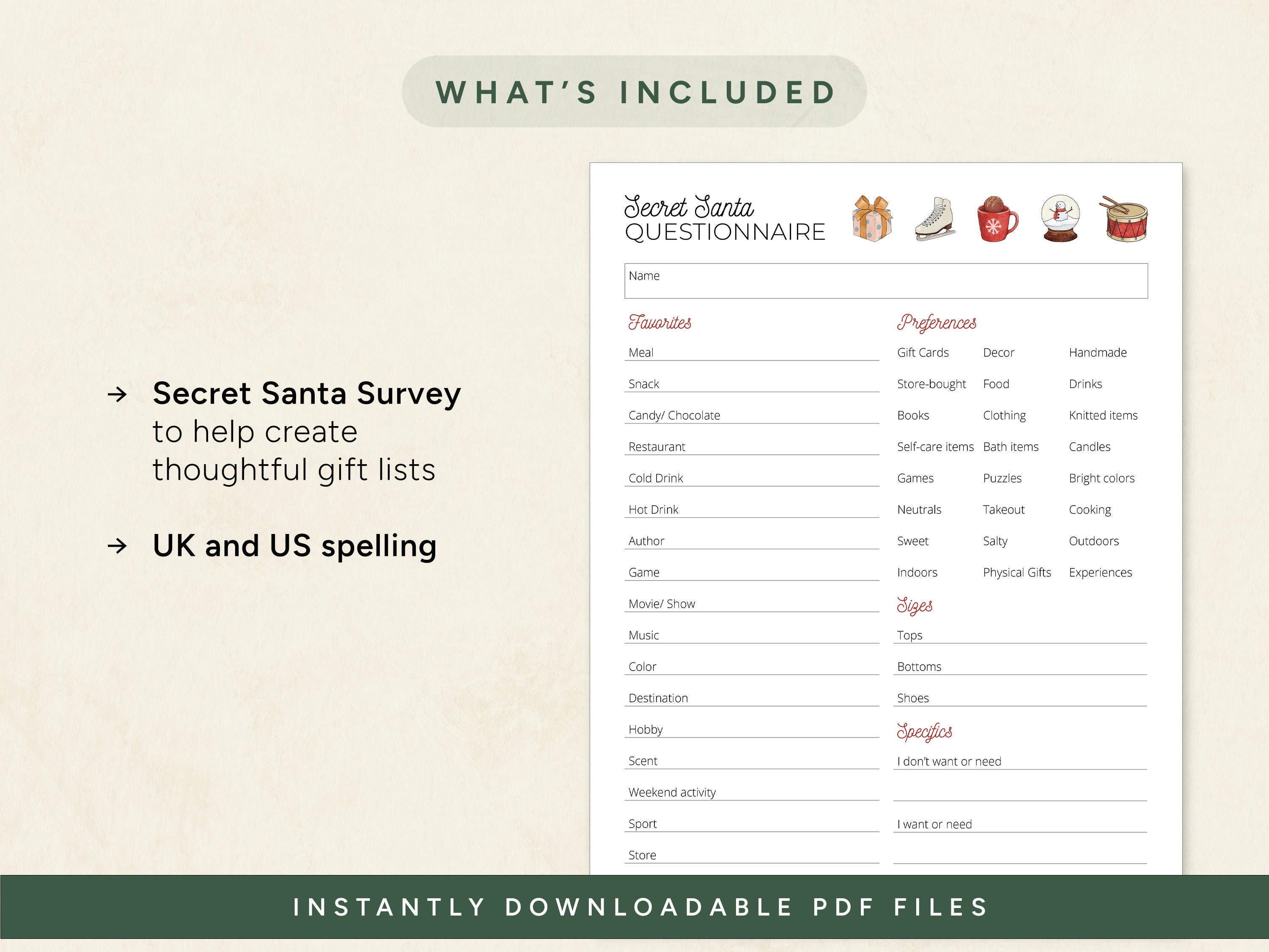 Printable Gift Exchange Form, Secret Santa Questionnaire for Coworkers ...