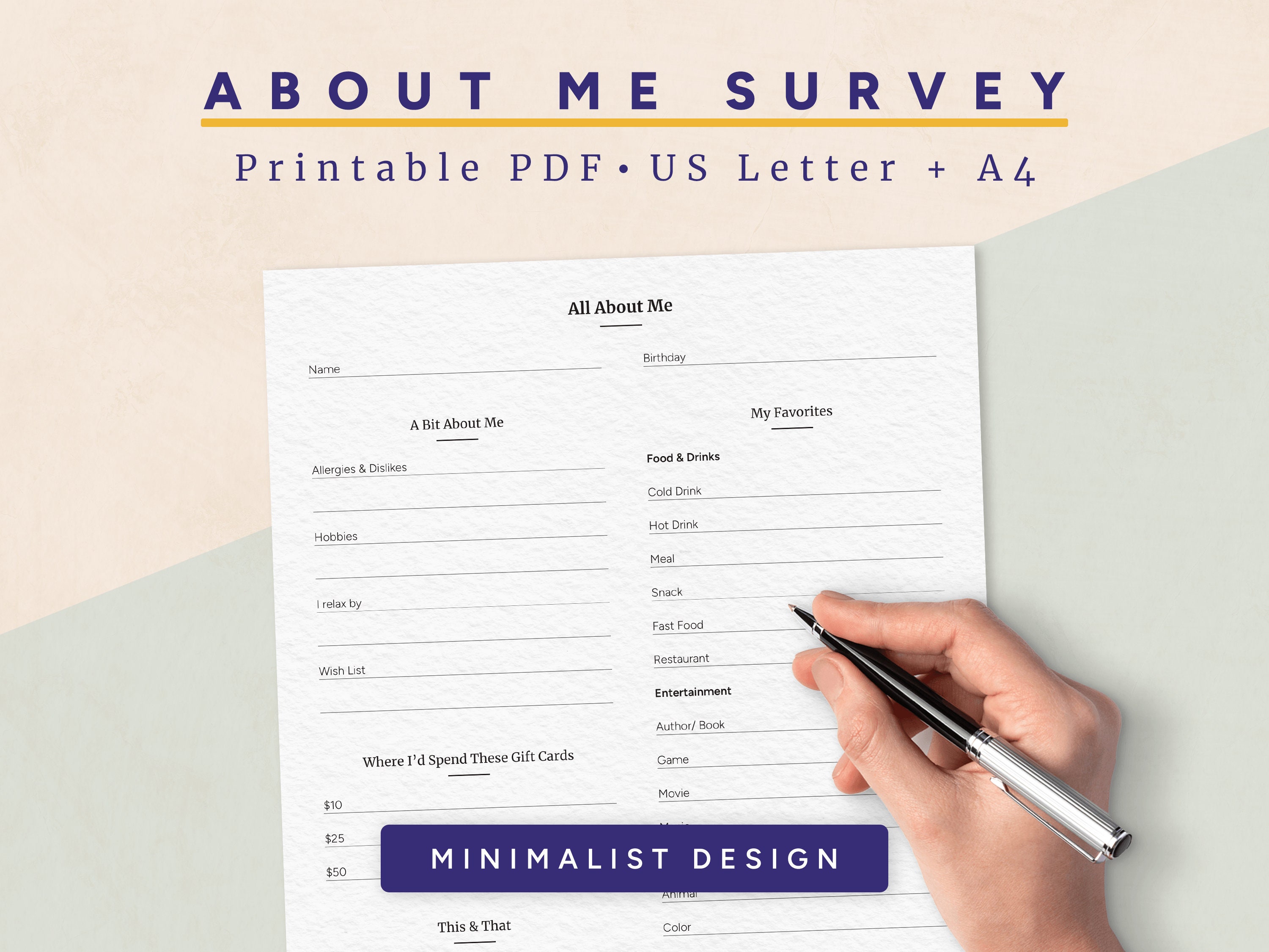 Printable All About Me Survey, Employee Favorites List, Instant ...