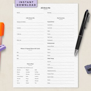 Printable All About Me Survey, Employee Favorites List, Instant ...