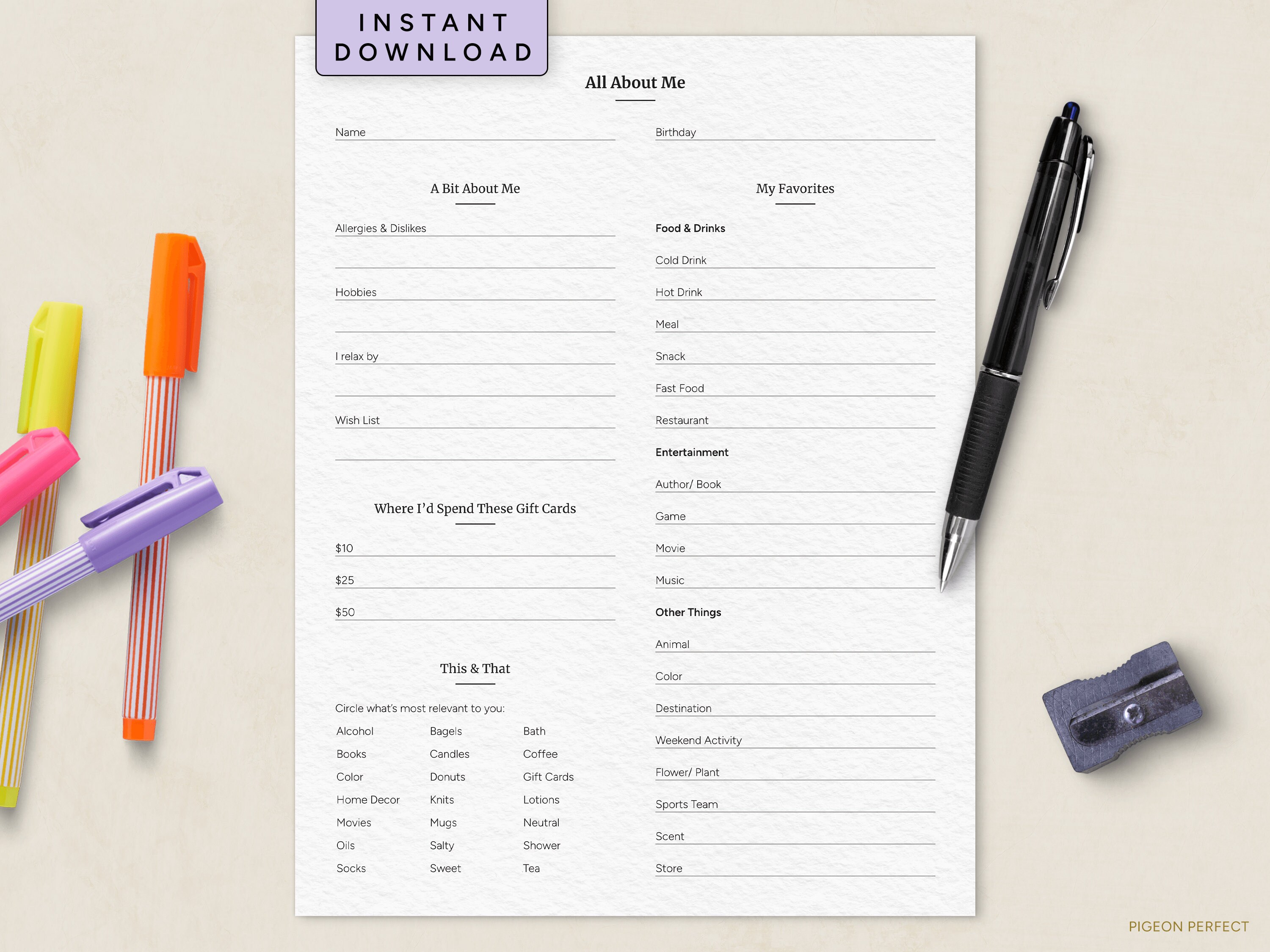 Printable All About Me Survey, Employee Favorites List, Instant ...