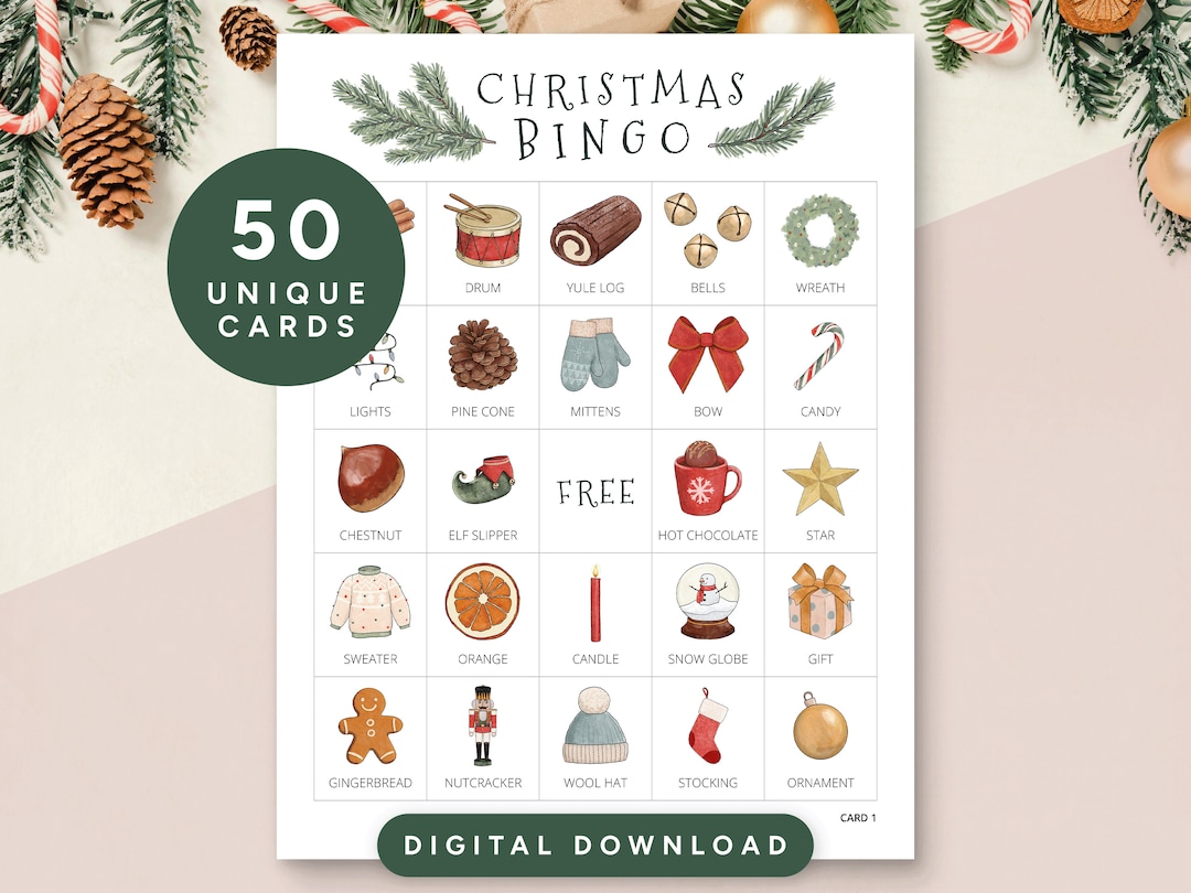 Printable Christmas Bingo for 50, Holiday Bingo, Christmas Party Game ...