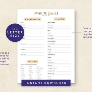 Favorite Things Questionnaire Printable, Get to Know You, Teacher ...