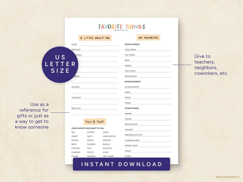 Favorite Things Questionnaire Printable, Get to Know You, Teacher ...