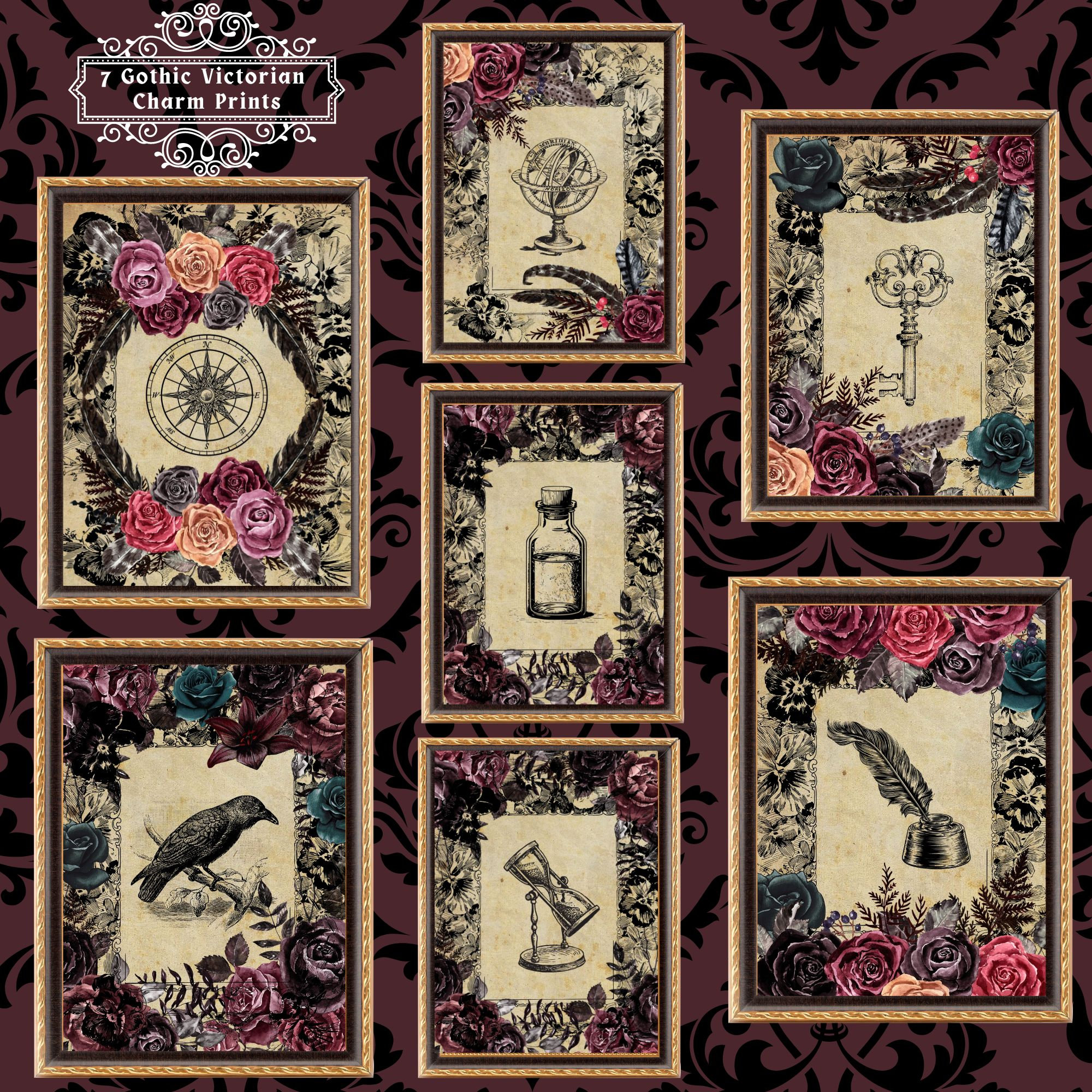 Vintage Dark Hourglass Print Victorian Illustration Moody Academia Dark ...