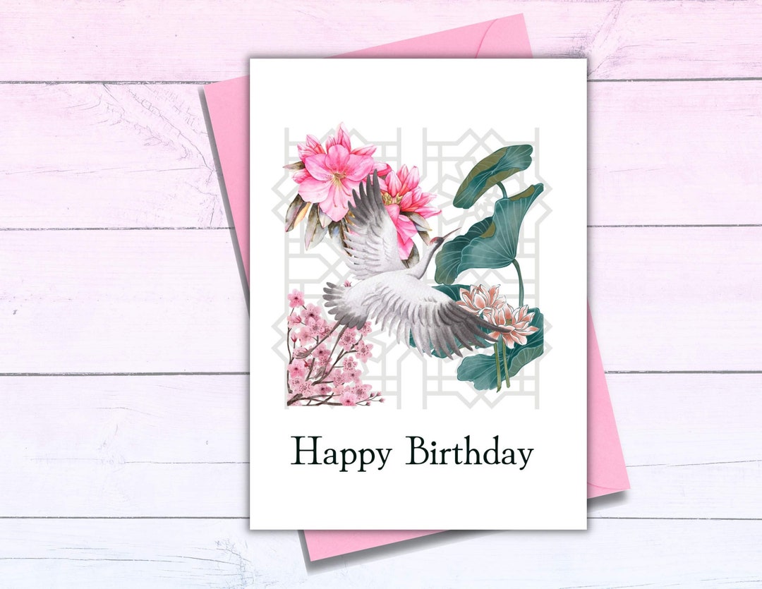 Happy Birthday Card for Her Mum Japanese Crane Floral Vintage Sister ...