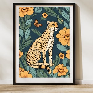 Boho Cheetah Print Floral Jungle Poster Big Cat Wall Art Animal Print ...