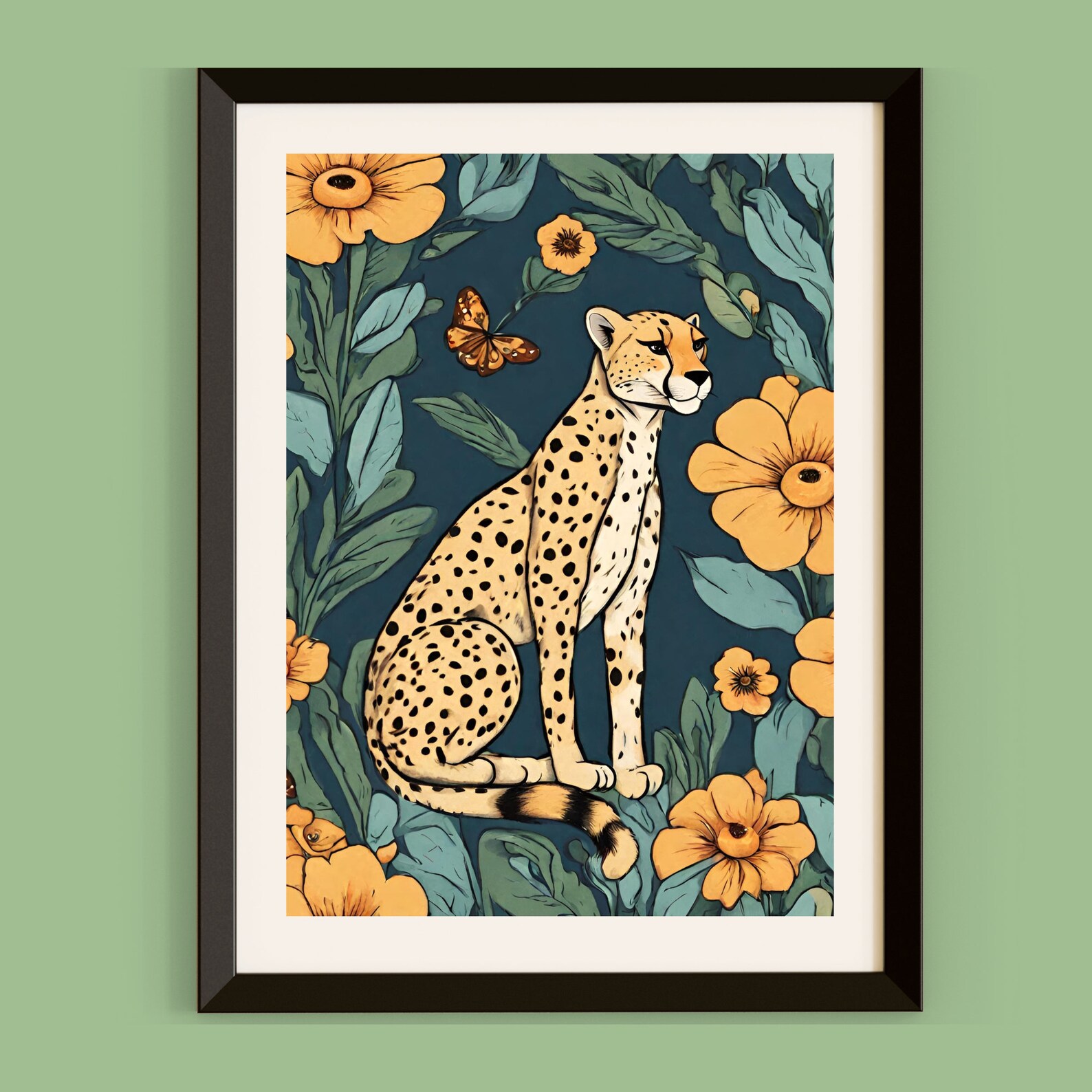 Boho Cheetah Print Floral Jungle Poster Big Cat Wall Art Animal Print ...