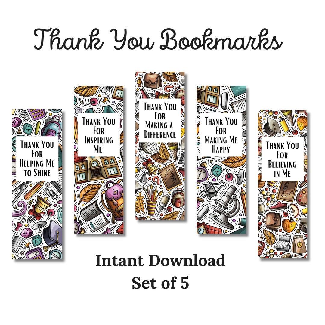 Teacher Appreciation Bookmarks: Set of 5 Printable Thank You Gifts (PDF ...