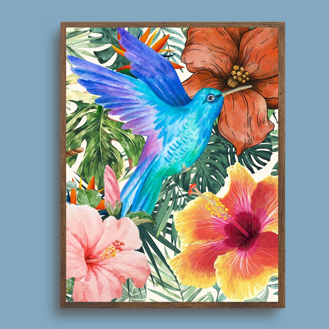Hummingbird Print Birds and Pink Flower Illustration, Tropical Bird ...