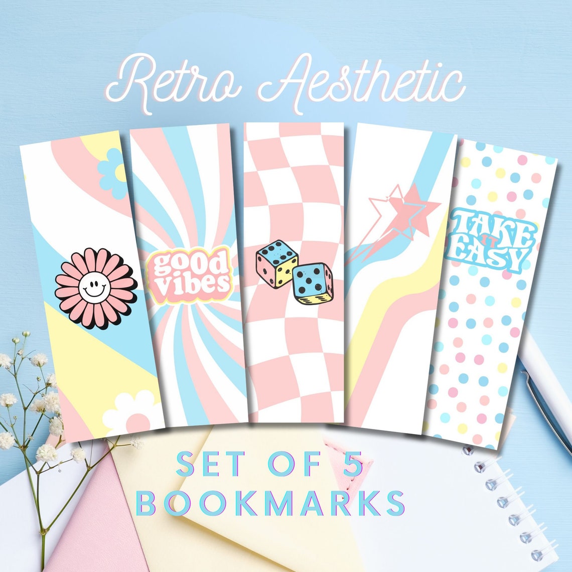Preppy Bookmarks Printable Set of 5 Digital Retro Pastel Good Vibes ...