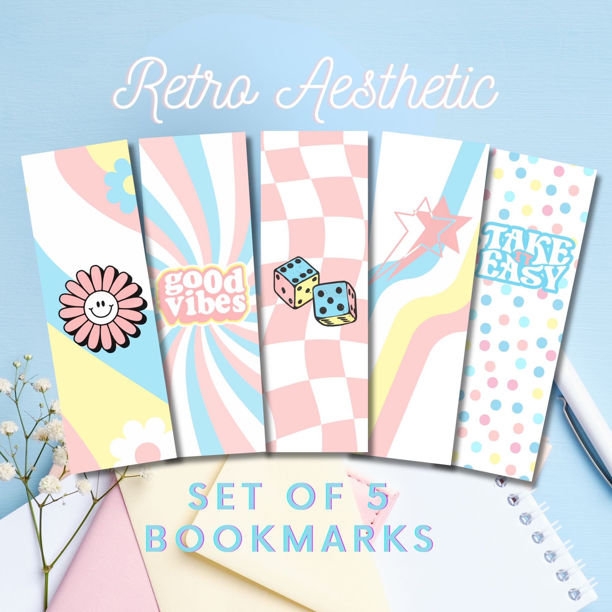 Preppy Bookmarks Printable Set of 5 Digital Retro Pastel Good Vibes ...