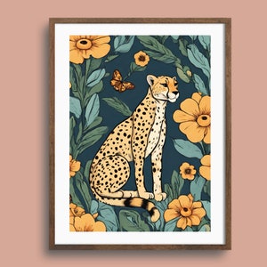 Boho Cheetah Print Floral Jungle Poster Big Cat Wall Art Animal Print ...
