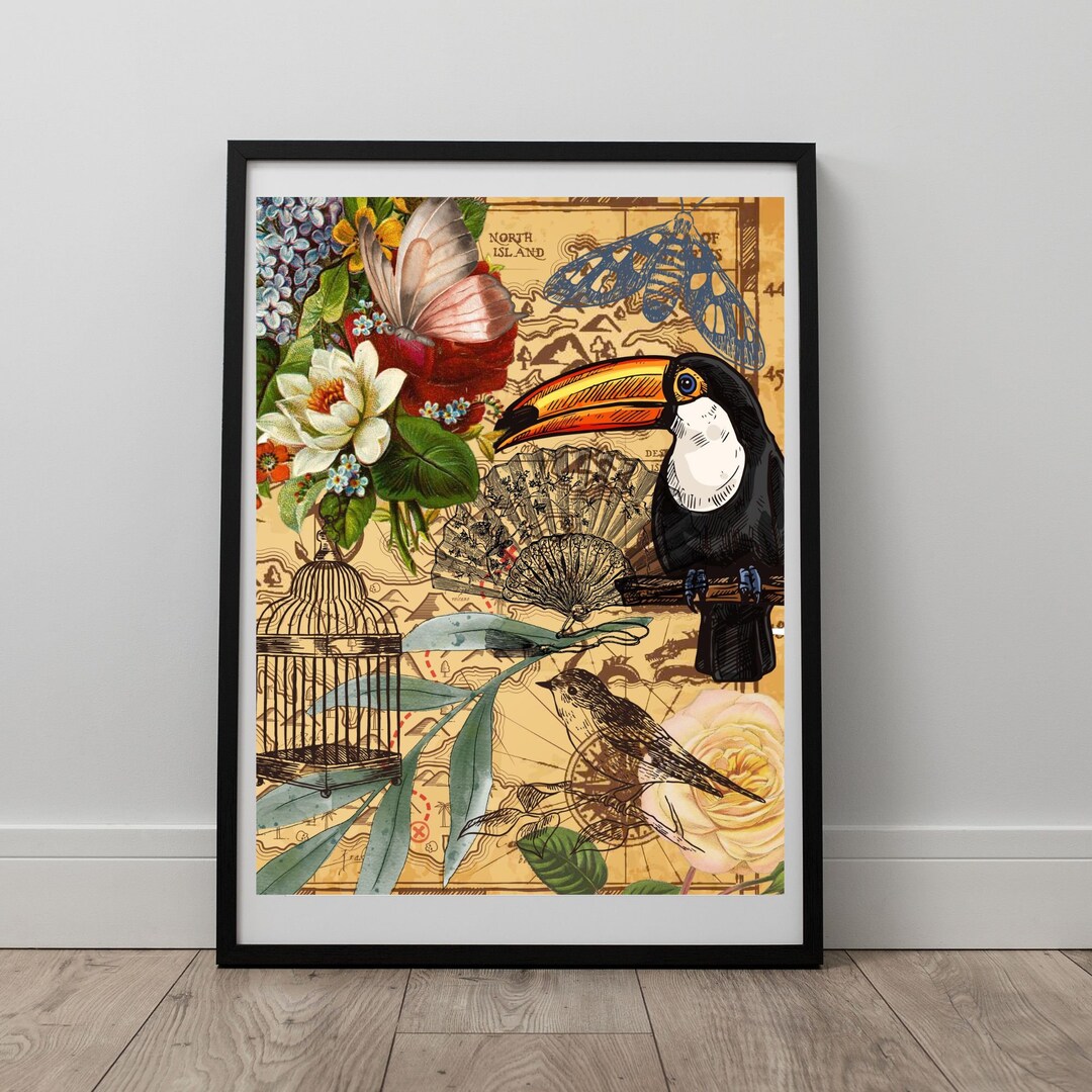 Tropical Vintage Toucan Print, Collage Wall Art Toucan Poster, Floral ...