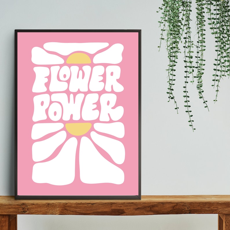 Flower Power Wall Art Pink Retro Poster Groovy Floral Bright Bold ...