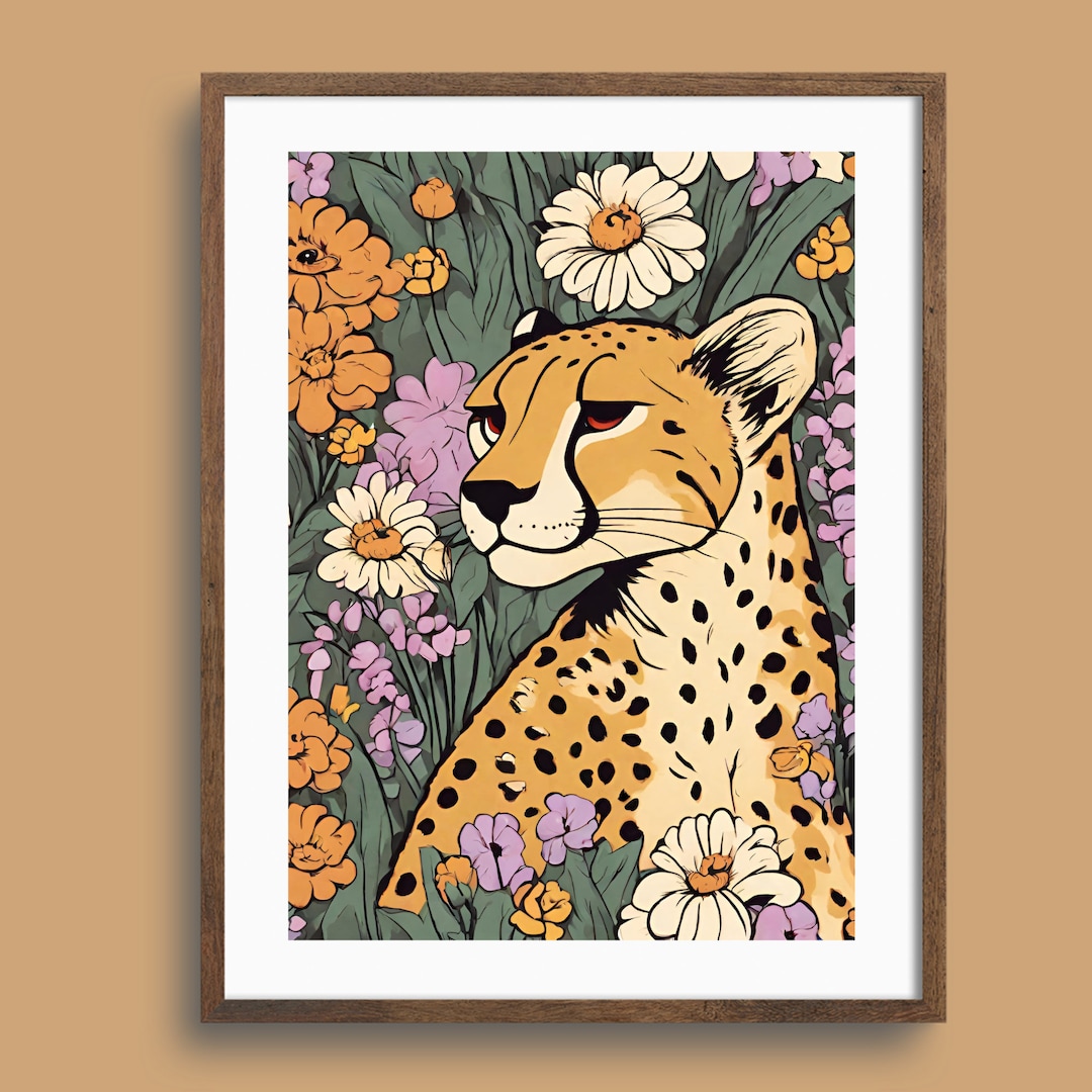 Cheetah Wall Art Jungle Flowers Animal Floral Poster Cheetah Wall Decor ...