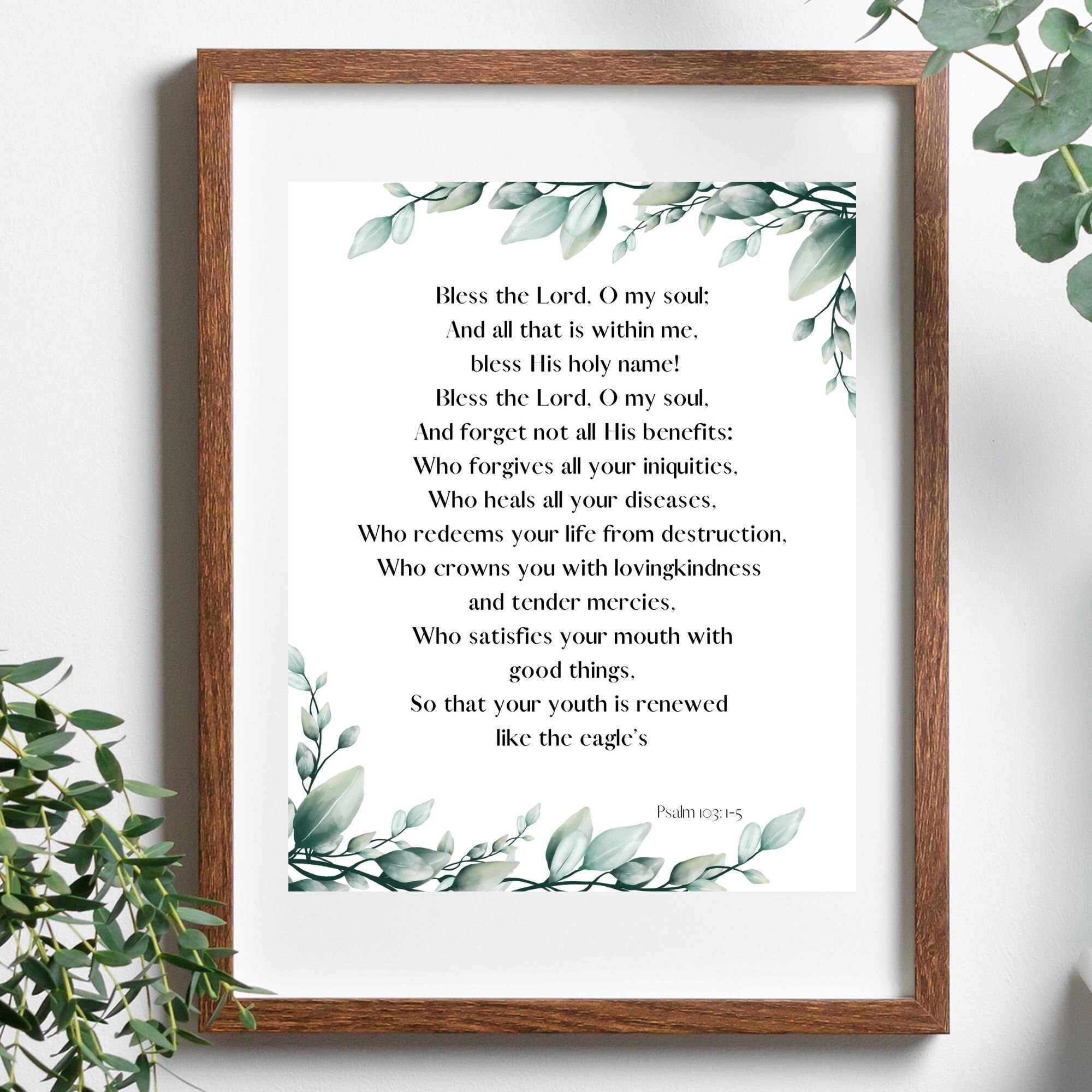 Psalm 103 Bible Verse 1-5 Bless the Lord O My Soul Watercolour Leaf ...