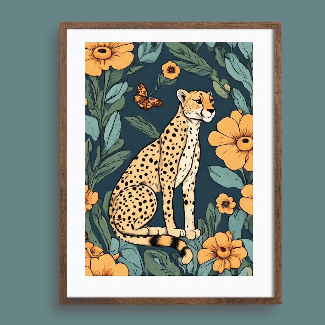 Boho Cheetah Print Floral Jungle Poster Big Cat Wall Art Animal Print ...