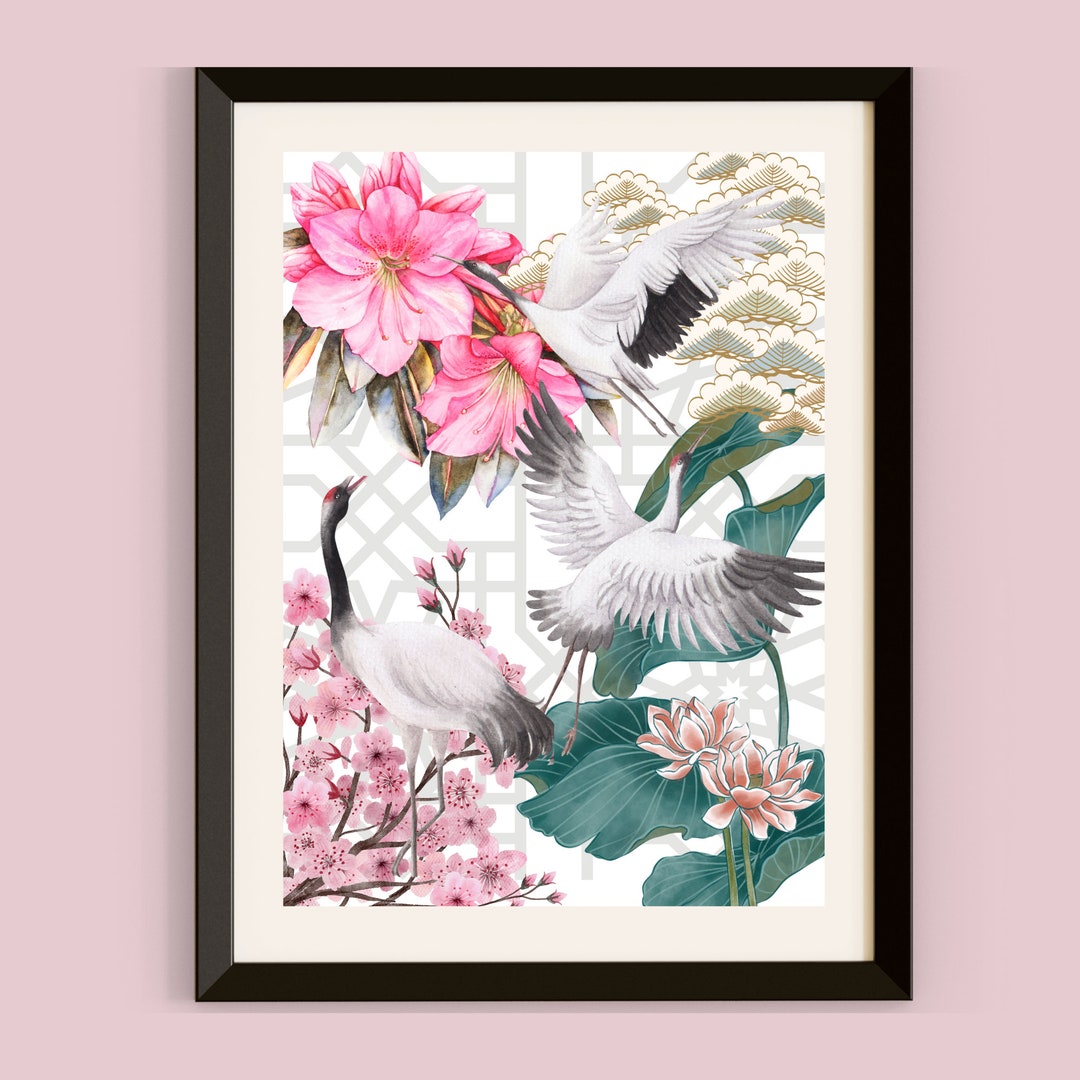 Japanese Vintage Cranes Printable Asian Wall Decor Japanese Art Print ...