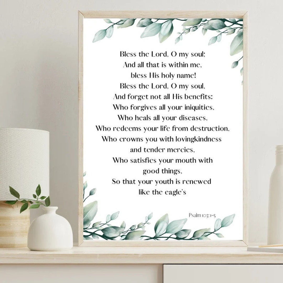 Psalm 103 Bible Verse 1-5 Bless the Lord O My Soul Watercolour Leaf ...