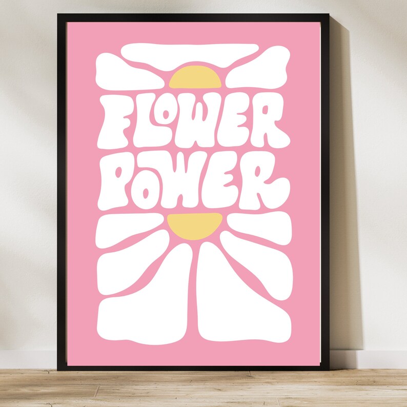 Flower Power Wall Art Pink Retro Poster Groovy Floral Bright Bold ...