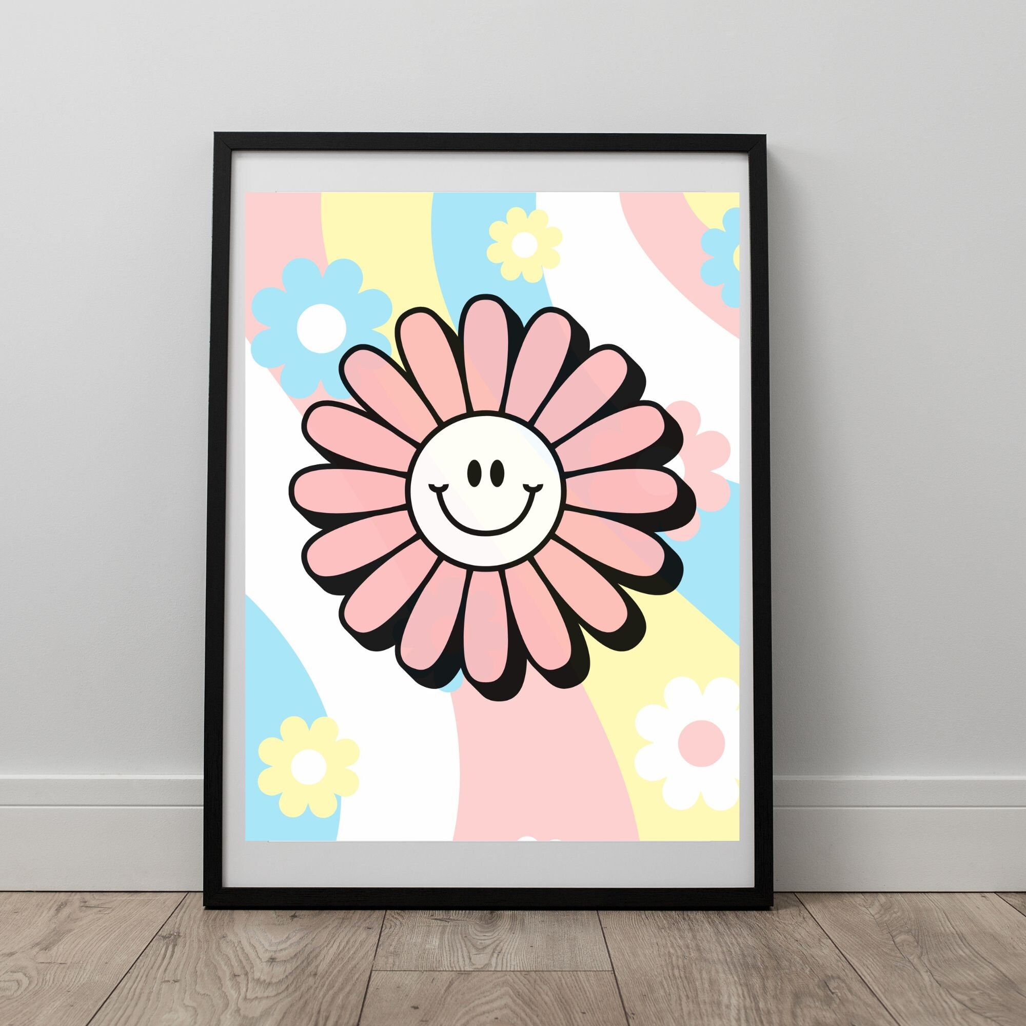 Smiley Face Retro Print, Daisy Flower Print, Danish Pastel Wall Art ...