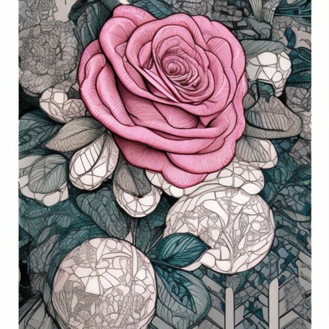 Ultrafine Pink Rose in High Detail With Teal Leaves; Line Work - Etsy