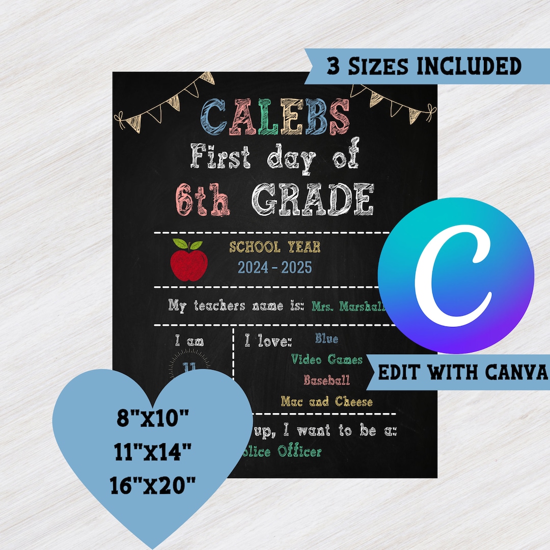 First Day of School Chalkboard Sign: Editable Canva Template (digital ...