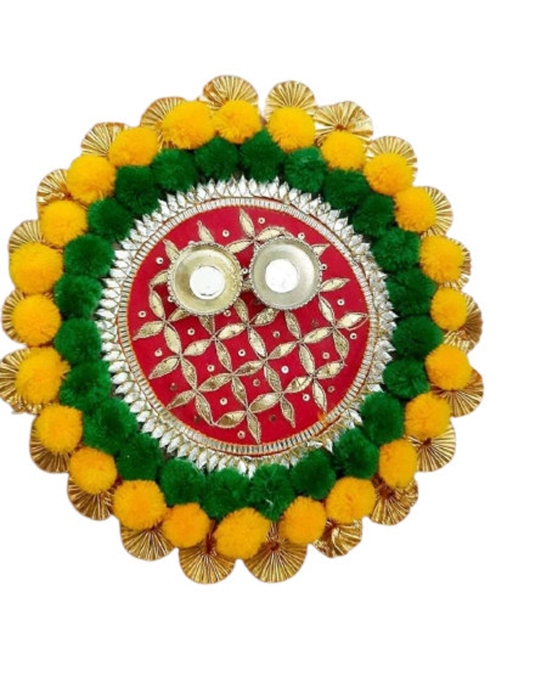 Exquisite MDF Base Gota Patch & Pom Pom Decorated Pooja / Rakhi / Roli ...