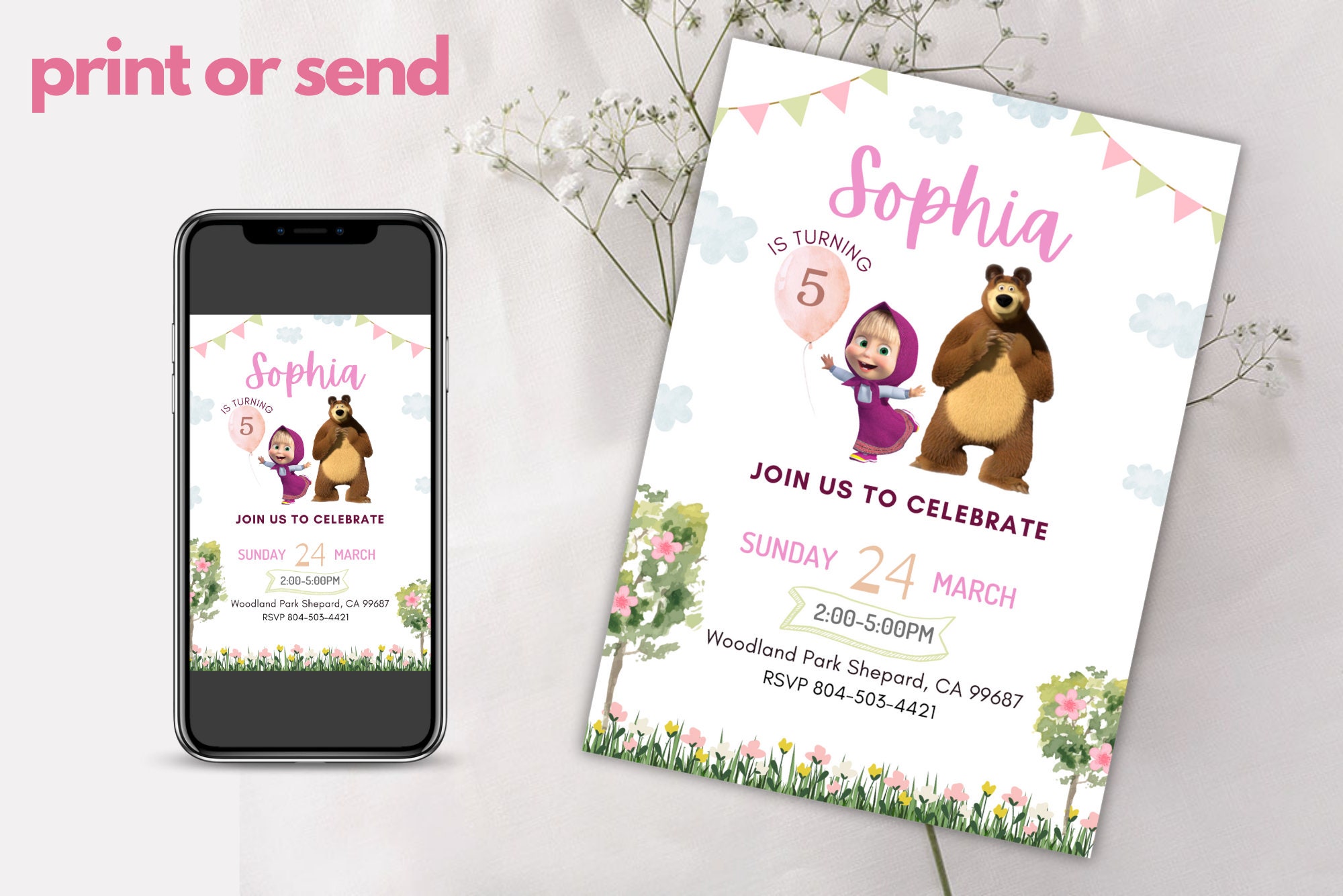 Masha and the Bear Invitation - Girls Invitation - Birthday Invitation ...