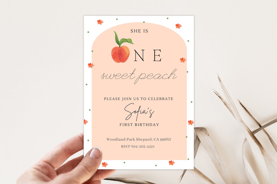 One Sweet Peach First Birthday Invitation, Editable Peach Birthday ...