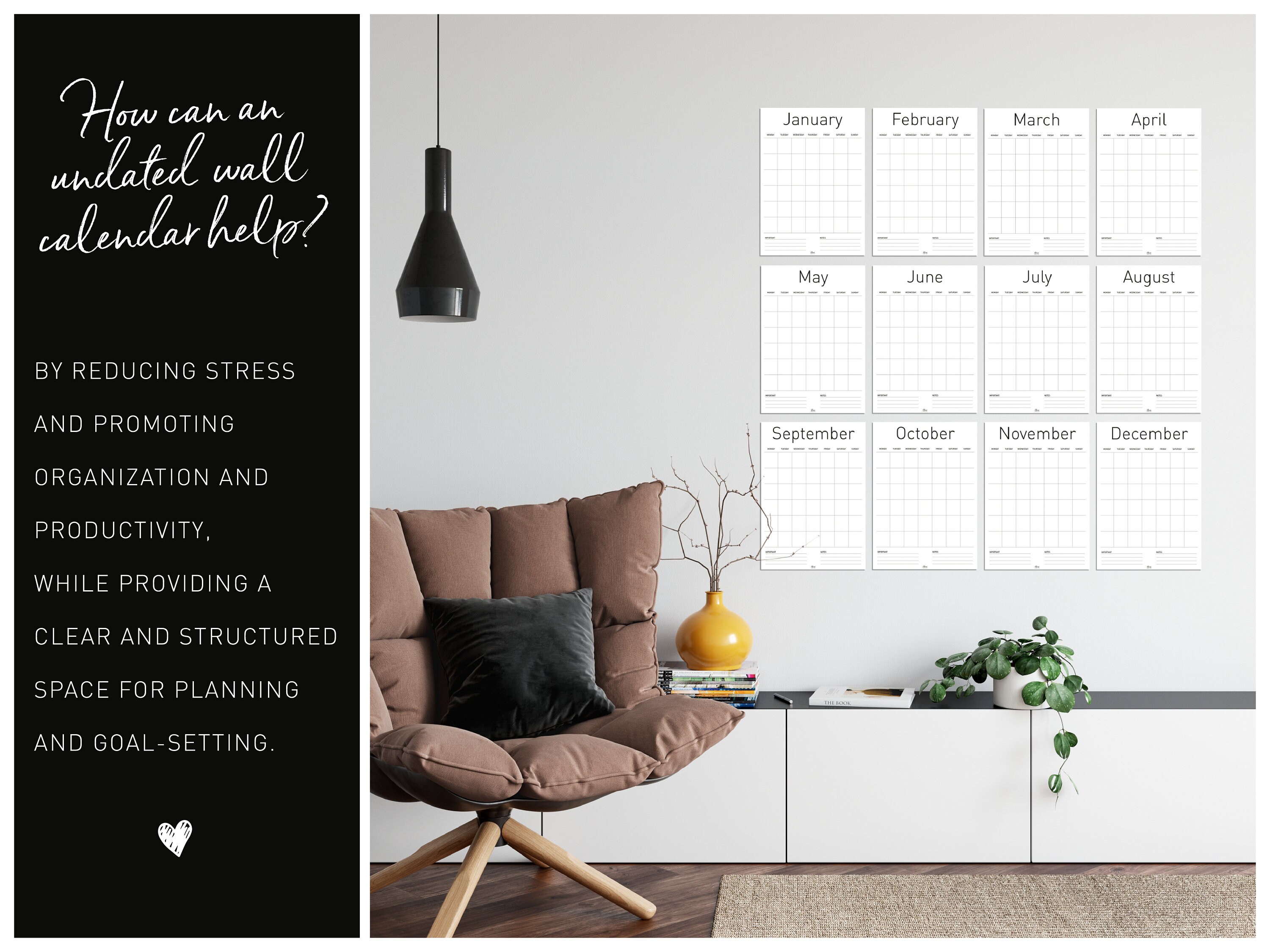 Printable Undated Monthly Calendar Minimalist Black/white Digital PDF ...