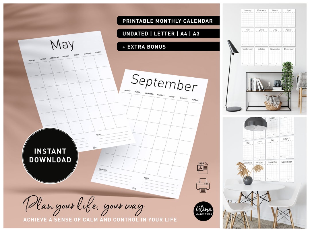 Printable Undated Monthly Calendar Minimalist Black/white Digital PDF ...