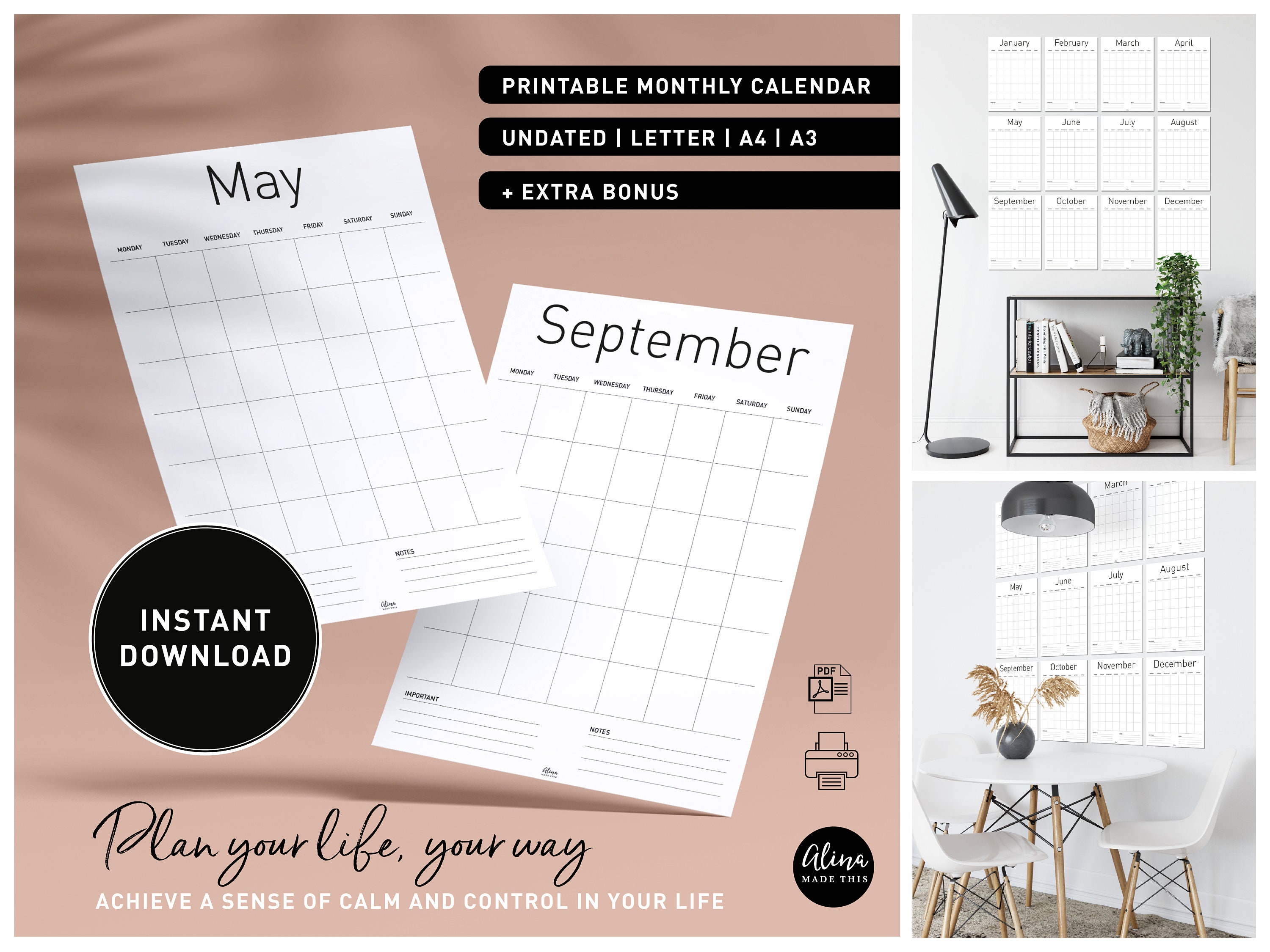 Printable Undated Monthly Calendar Minimalist Black/white Digital PDF ...